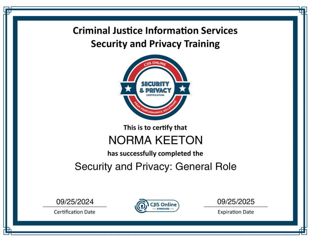 Criminal Justice Information Services (CJIS) certification - Peacemaker ...