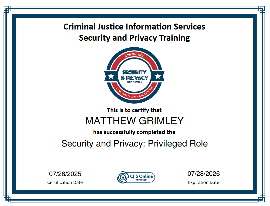 Criminal Justice Information Services (CJIS) certification - Peacemaker ...