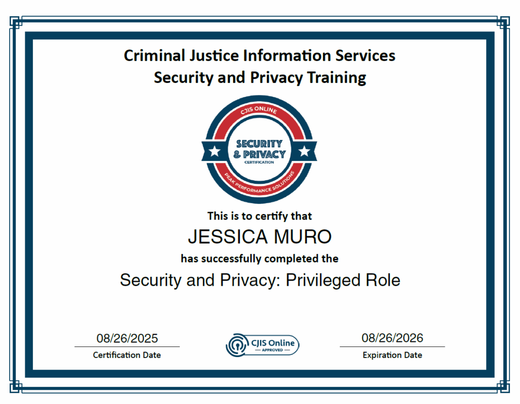 Criminal Justice Information Services (CJIS) certification - Peacemaker Technologies